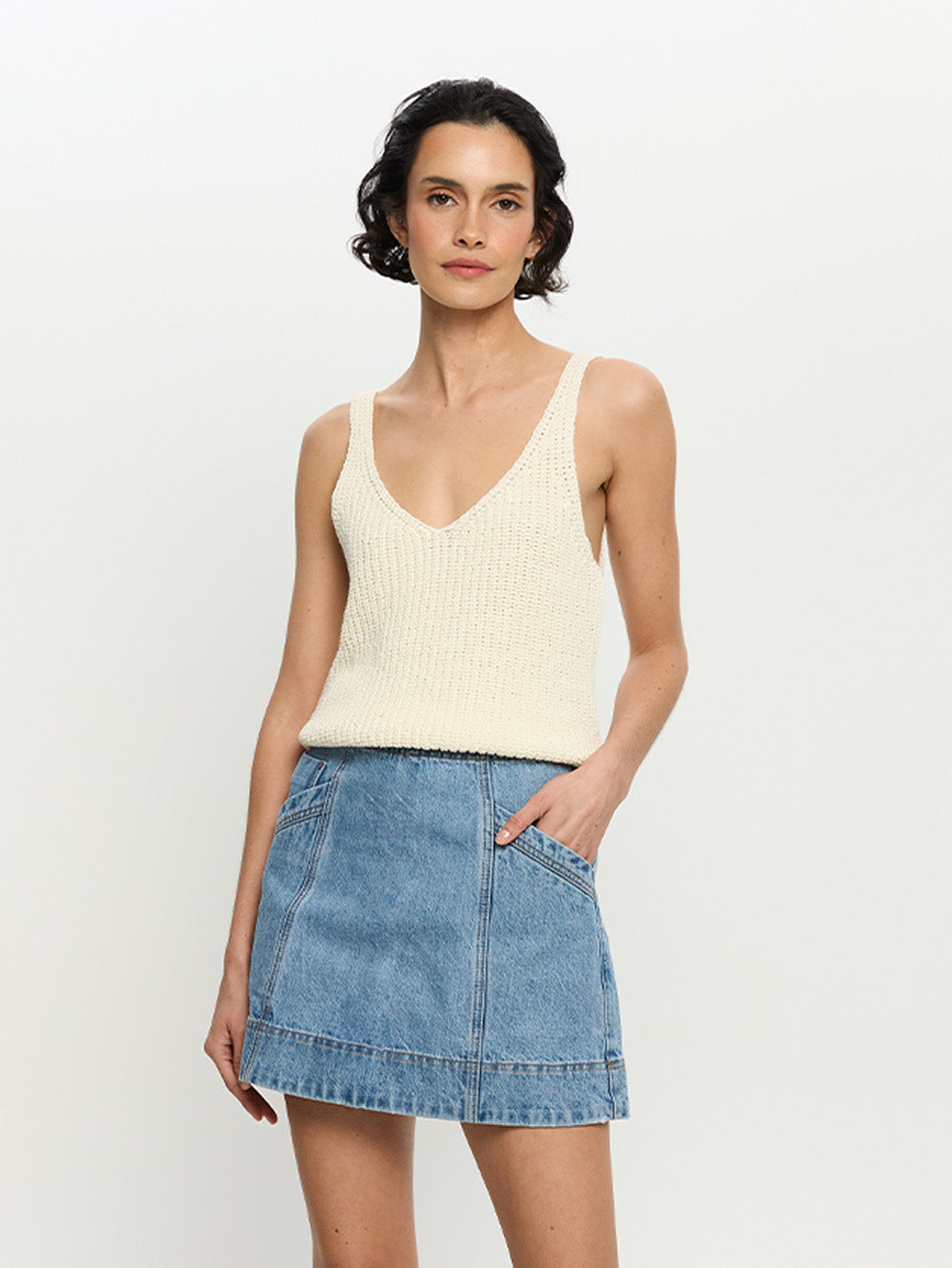 Lana Knit Cami - Cream | Cream V Neck Knit Top - KIVARI