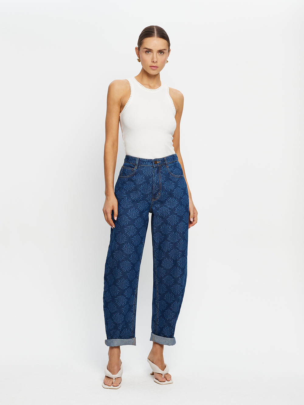 Marla Denim Barrel Leg Jean | Printed Navy Jean - KIVARI