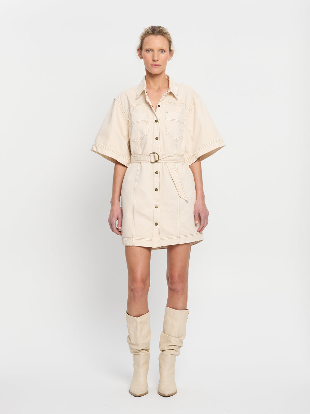 Rowyn Denim Shirt Dress - Cream | KIVARI